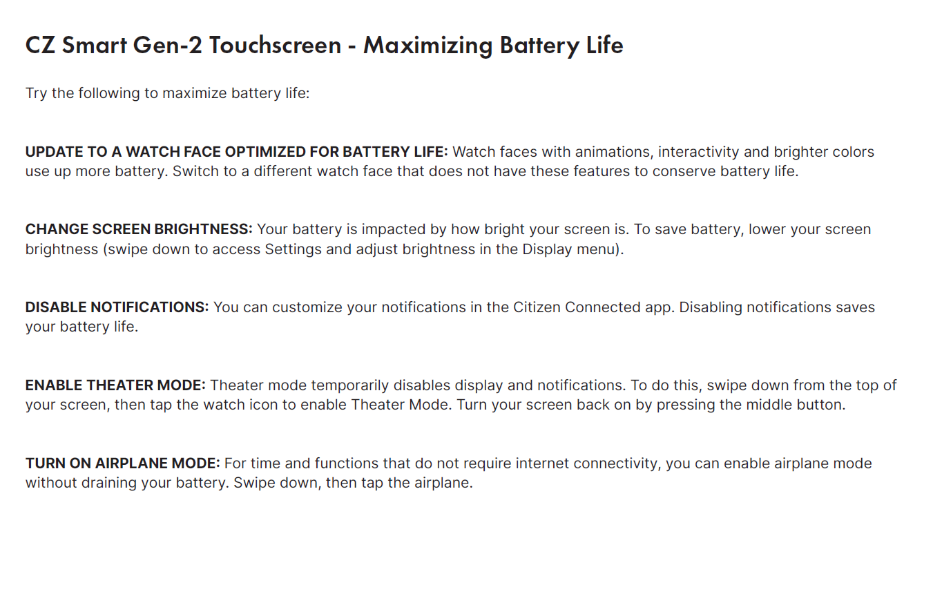 What is the battery life for the Gen2 Touchscreen CZ Smart watch ...